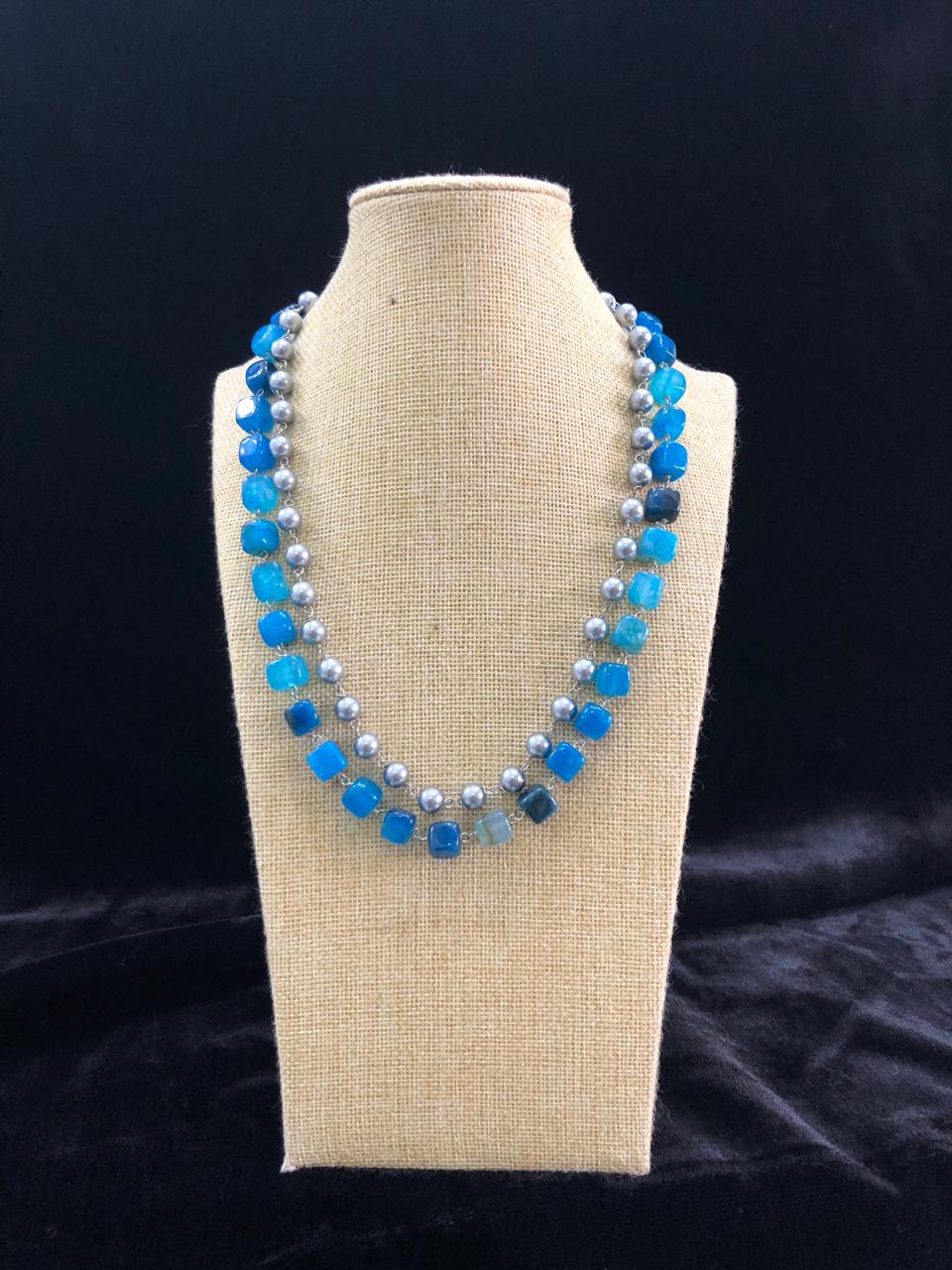 Two Line Shades of Blue Pearl Necklace
